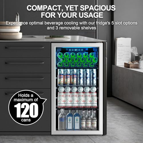 ICYPOLK Beverage Refrigerator Cooler -120 Can Stainless Steel Mini Fridge with Digital Temperature Display, Glass Door and Adjustable Shelves Perfect for Soda Beer Wine Drinks, 3.2 Cu.Ft