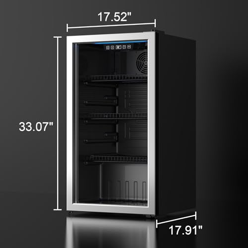 ICYPOLK Beverage Refrigerator Cooler -120 Can Stainless Steel Mini Fridge with Digital Temperature Display, Glass Door and Adjustable Shelves Perfect for Soda Beer Wine Drinks, 3.2 Cu.Ft