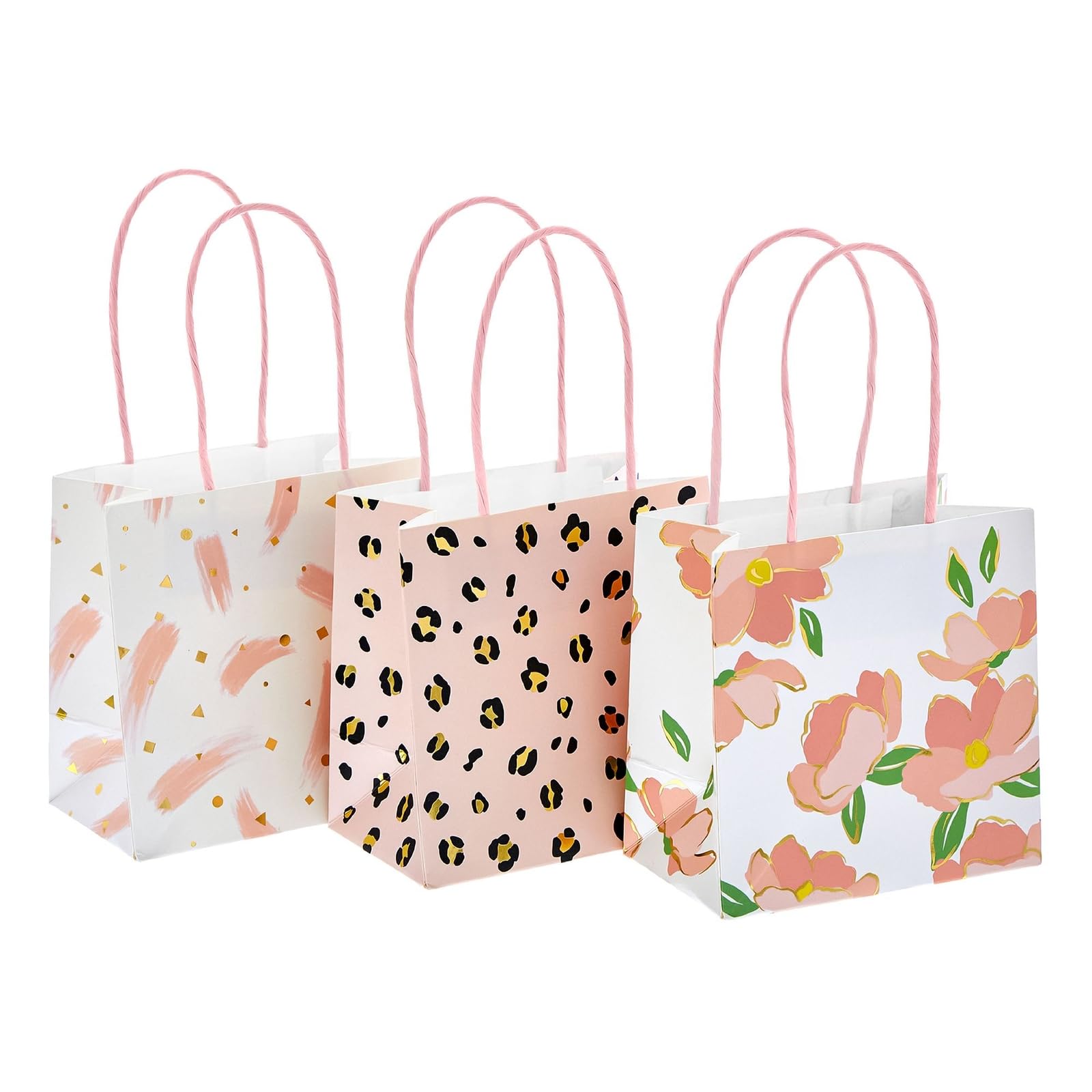 Sparkle and Bash Mini Gift Bags with Handles in 3 Pink Designs (5 x 5 x 3 in, 12 Pack)