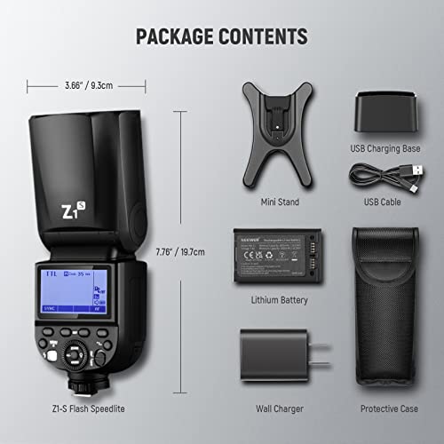 NEEWER Z1-S TTL Round Head Flash Speedlite for Sony Cameras, 76Ws 2.4G 1/8000s HSS, 10 Levels LED Modeling Lamp, 2600mAh Lithium Battery, 480 Full Power Shots, Recycle in 1.5s Flash