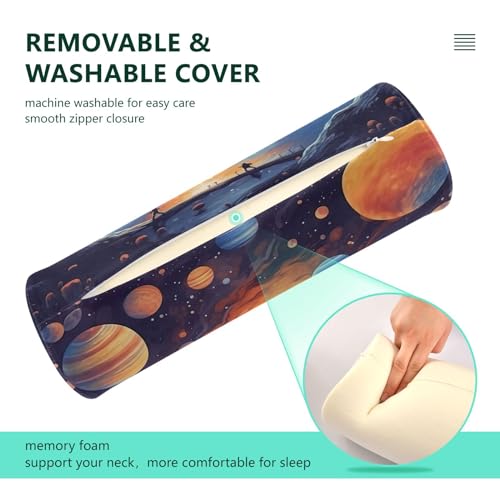 xigua Cartoon Space Neck Roll Pillow for Neck Relief with Removable Washable Cover - Memory Foam Round Cylinder Bolster, Ergonomically Designed for Head, Neck, Back, and Legs