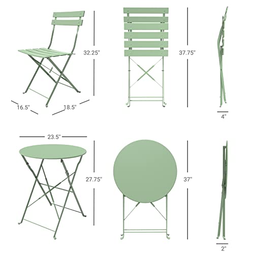 Grand patio 3pc Metal Folding Bistro Set, 2 Chairs and 1 Table, Weather-Resistant Outdoor/Indoor Conversation Set for Patio, Yard, Garden-Pea Green