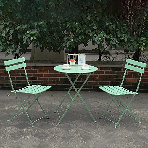 Grand patio 3pc Metal Folding Bistro Set, 2 Chairs and 1 Table, Weather-Resistant Outdoor/Indoor Conversation Set for Patio, Yard, Garden-Pea Green