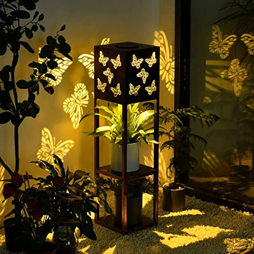 Goupfafa Solar Garden Lights, Butterfly Pattern Solar Pathway Lights, 2 Tier Metal Flower Stand Solar Landscape Lights Warm White, Decorative Patio Lawn Path Backyard(Butterfly)