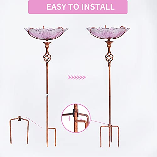 MUMTOP 31 Inch Height Glass Birdbath Birdfeeder with Metal Stake Garden Yard Outdoor Pink
