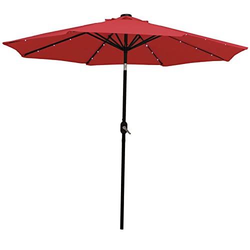 Sunnydaze 9-Foot Outdoor Patio Market Umbrella with Solar LED Lights, Crank and Push Button Tilt - Backyard, Garden, Pool and Deck Shade - Aluminum Pole and Polyester Canopy - Red