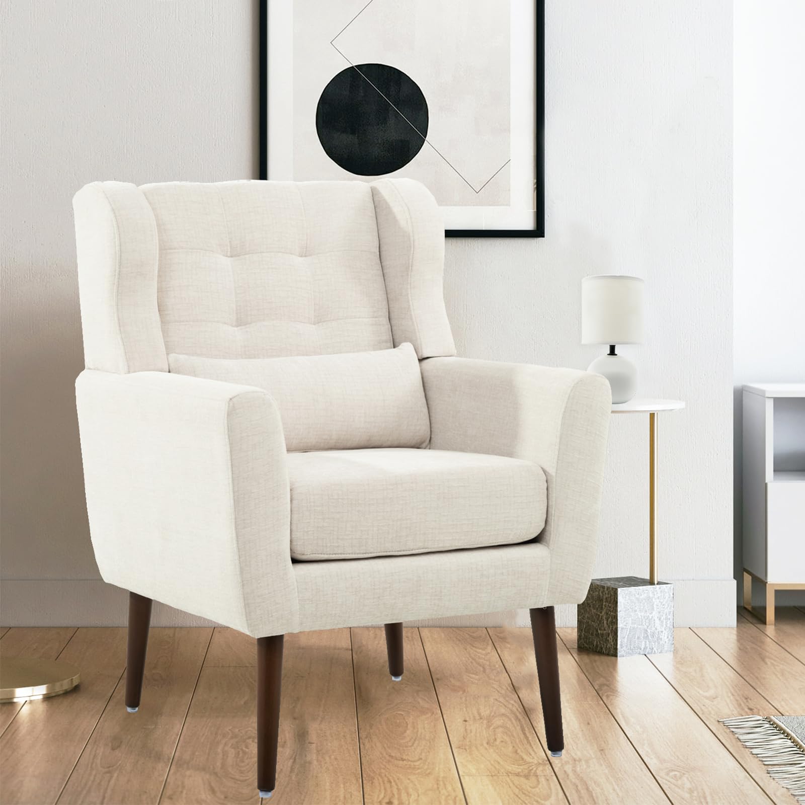 Lefosure Modern Accent Chairs,Upholstered Arm Chairs with Pillow,Mid Century Sofa Chairs with Chenille Fabric,Comfy Reading Chair for Living Room,Bedroom (Beige, Set of 2)