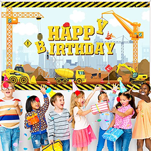 Construction Happy Birthday Backdrop Dump Truck Background Excavator Crane Birthday Party Banner Digger Excavator Truck Background Photography Studio Props Cake Table Boy Kids Birthday Decorations