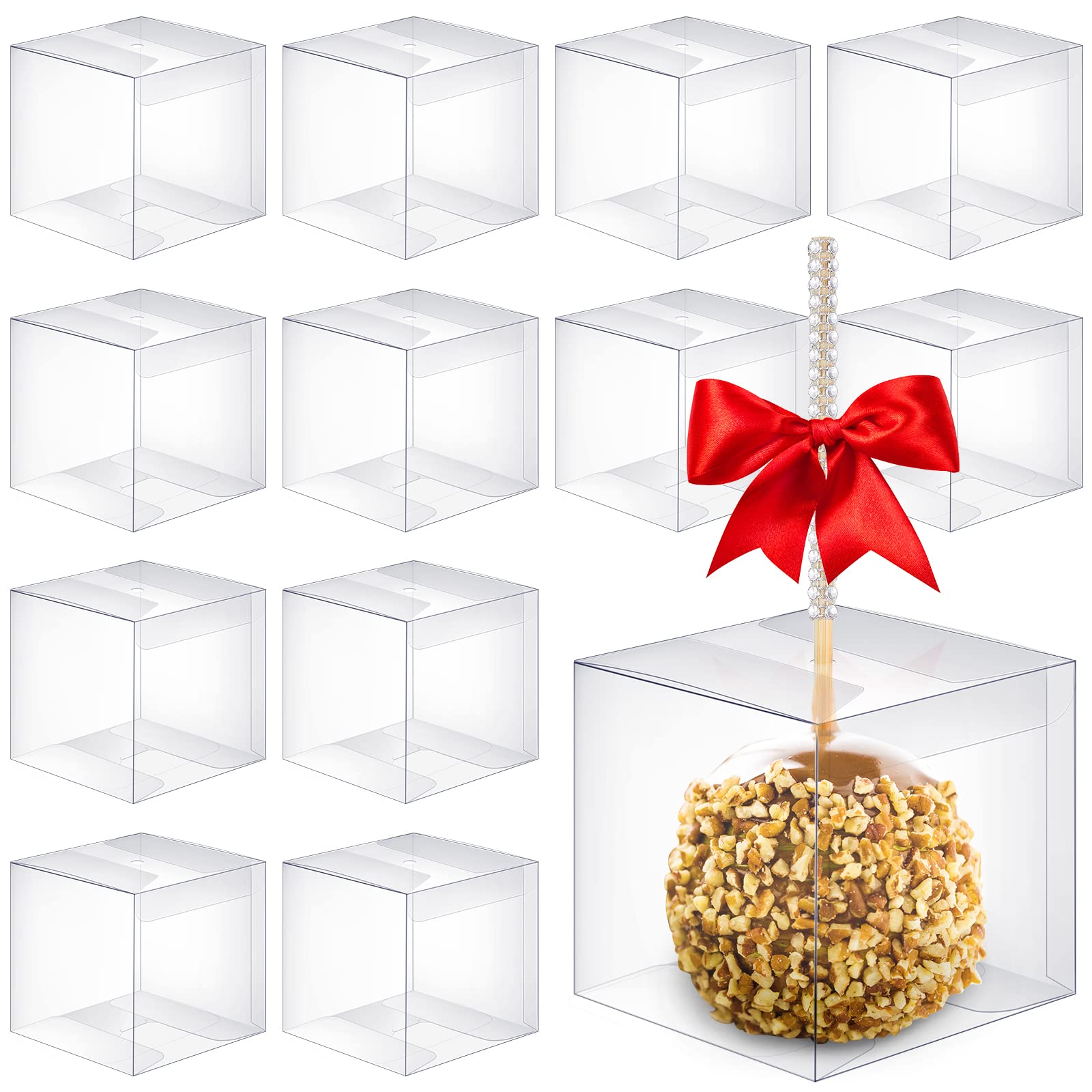 Juexica 100 Pcs Clear Caramel Apple Boxes with Hole Transparent Candy Apple Boxes PET Gift Boxes for Chocolate Wedding Ornaments Boxes, 4x4x4 Inch