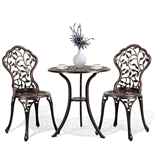Verano Garden 3 Piece Outdoor Bistro Set Rust-Resistant Cast Aluminum Patio Bistro Set Antique Finish, Weather Resistant Patio Table and Chairs,Outdoor/Indoor Use,Bronze