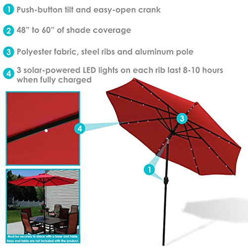 Sunnydaze 9-Foot Outdoor Patio Market Umbrella with Solar LED Lights, Crank and Push Button Tilt - Backyard, Garden, Pool and Deck Shade - Aluminum Pole and Polyester Canopy - Red