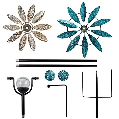 Glintoper Solar Wind Spinner, Outdoor Metal Stake Yard Spinners, Hollow Leaf Garden Kinetic Wind Catcher Wind Mills, Solar Powered Color Changing LED with Glass Ball, for Patio Lawn Yard