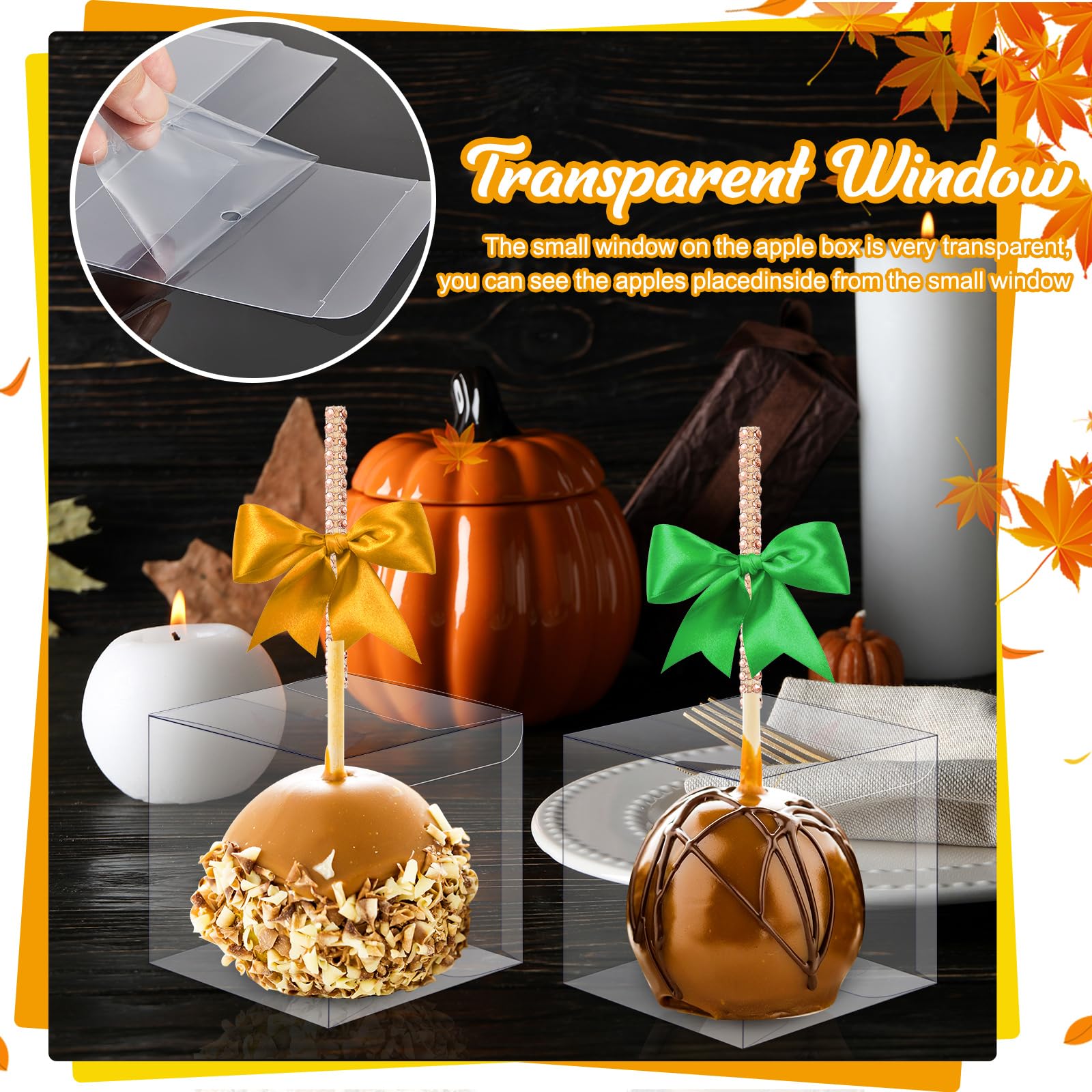 Juexica 100 Pcs Clear Caramel Apple Boxes with Hole Transparent Candy Apple Boxes PET Gift Boxes for Chocolate Wedding Ornaments Boxes, 4x4x4 Inch