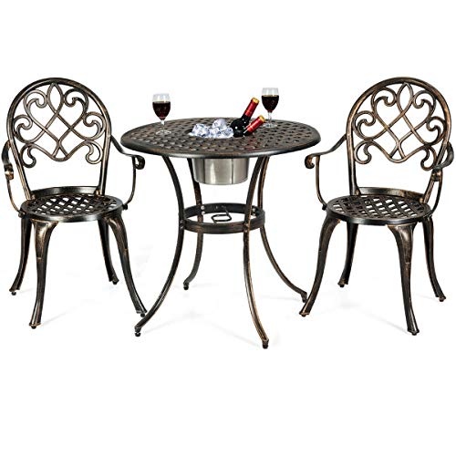 Giantex 3pcs Bistro Table Set Cast Aluminum Outdoor Patio Furniture Set Round Table W/Removable Ice Bucket, 2 Chairs Antique Garden Furniture Weather Resistant (Antique Bronze)