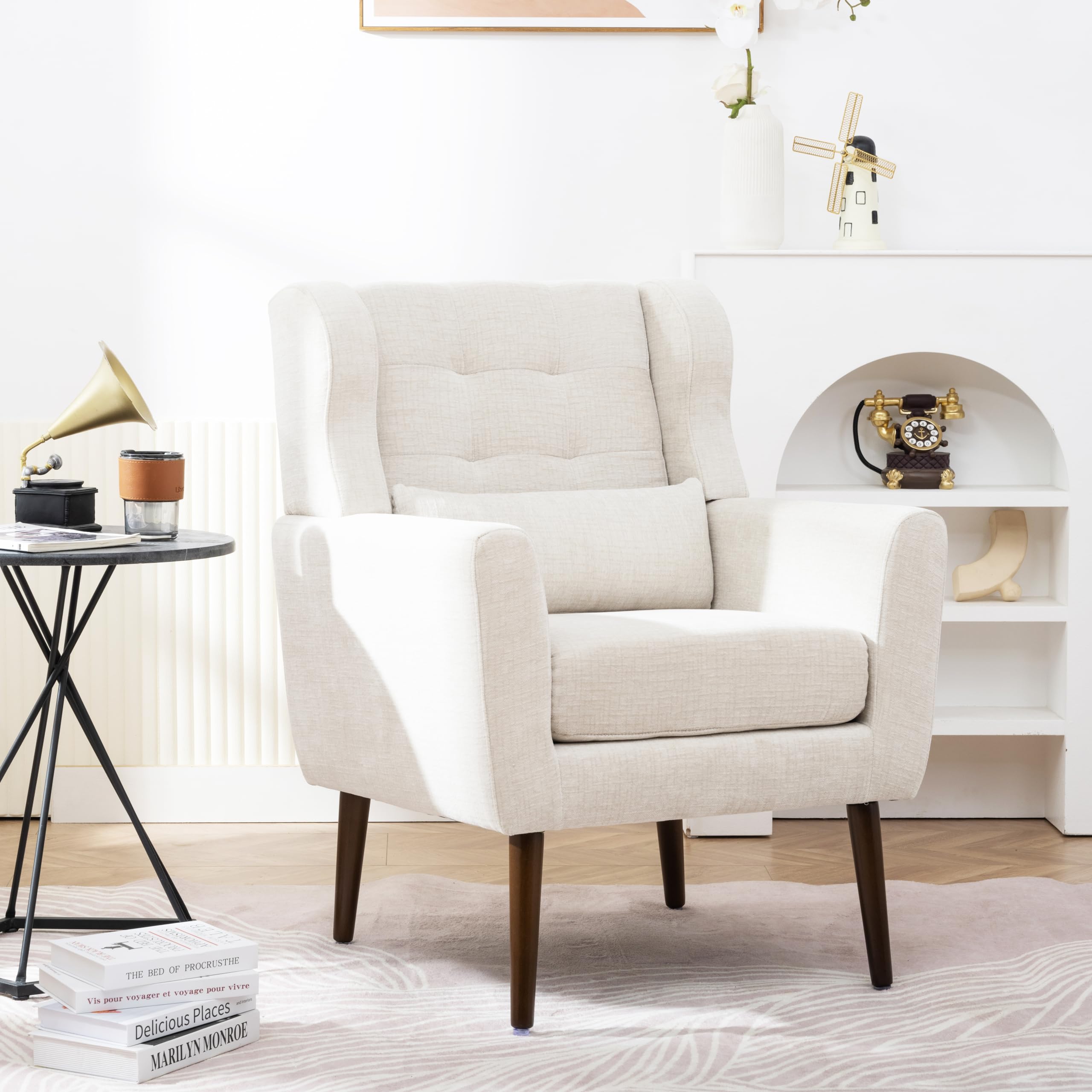 Lefosure Modern Accent Chairs,Upholstered Arm Chairs with Pillow,Mid Century Sofa Chairs with Chenille Fabric,Comfy Reading Chair for Living Room,Bedroom (Beige, Set of 2)