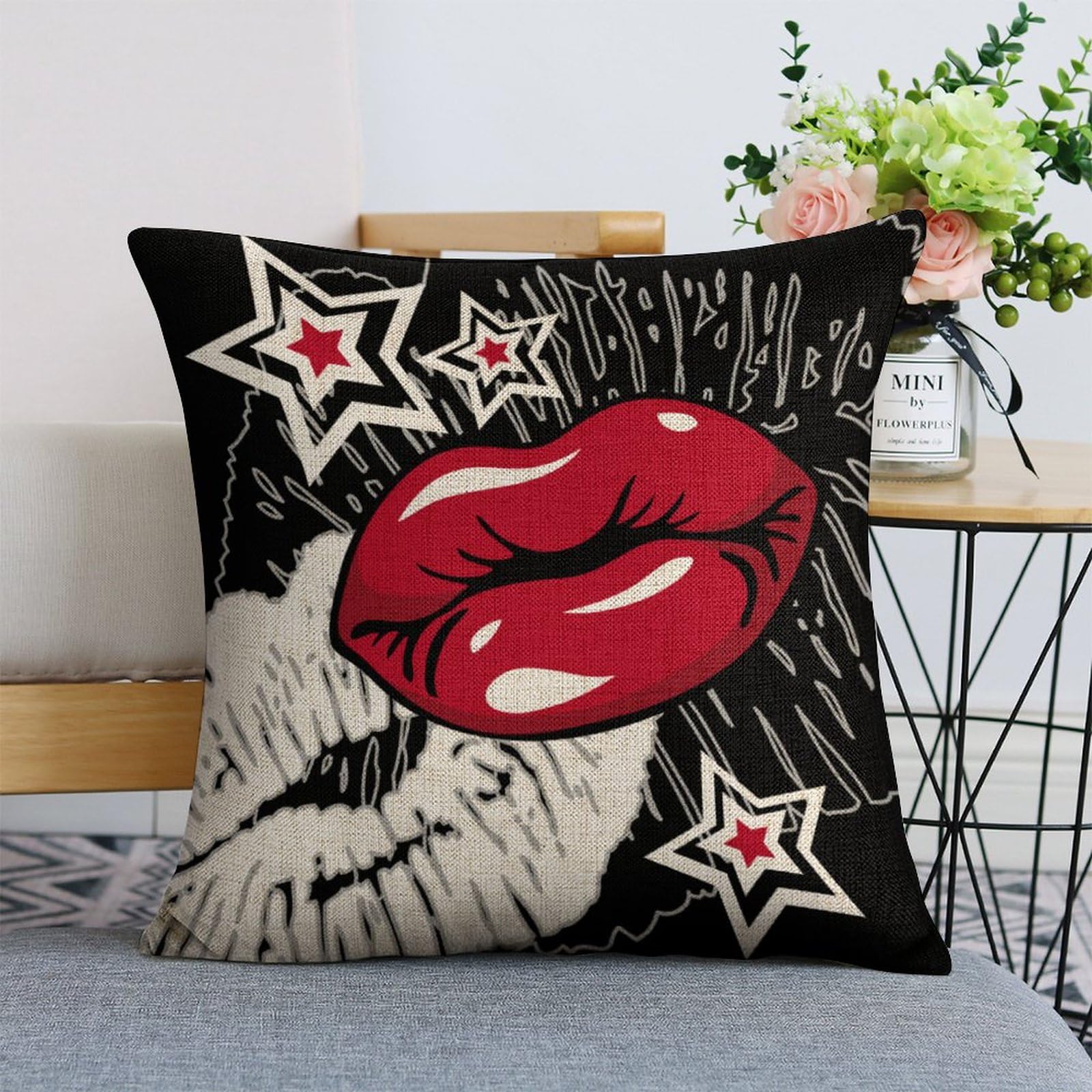 JOJOART Red Sexy Kiss Star Linen Pillow Covers 18x18In Set of 1 Pop Art Style ThrowPillow Covers Decorative Square Pillowcase Protector Cushion Case for Sofa Couch Bed Pillow Pillowcases