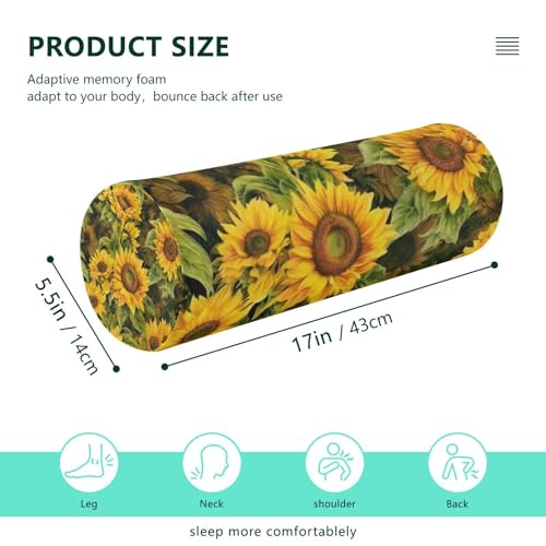 xigua Beautiful Sunflowers Neck Roll Pillow for Neck Relief with Removable Washable Cover - Memory Foam Round Cylinder Bolster, Ergonomically Designed for Head, Neck, Back, and Legs