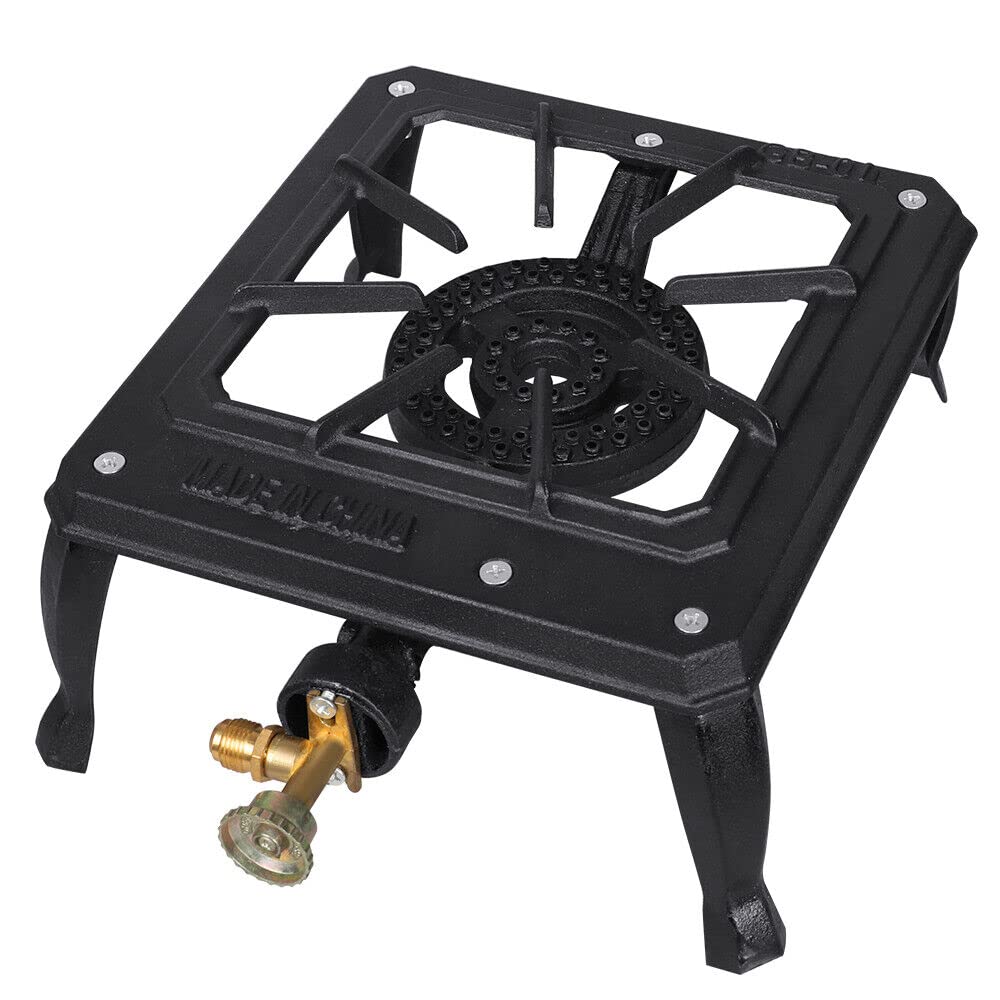 JNTKE Single Portable Burner, Cast Iron Propane LPG Gas Stove, Outdoor Stove BBQ 15000 BTU Camping Cooker for Barbecue Grilling, Tailgating, Hiking