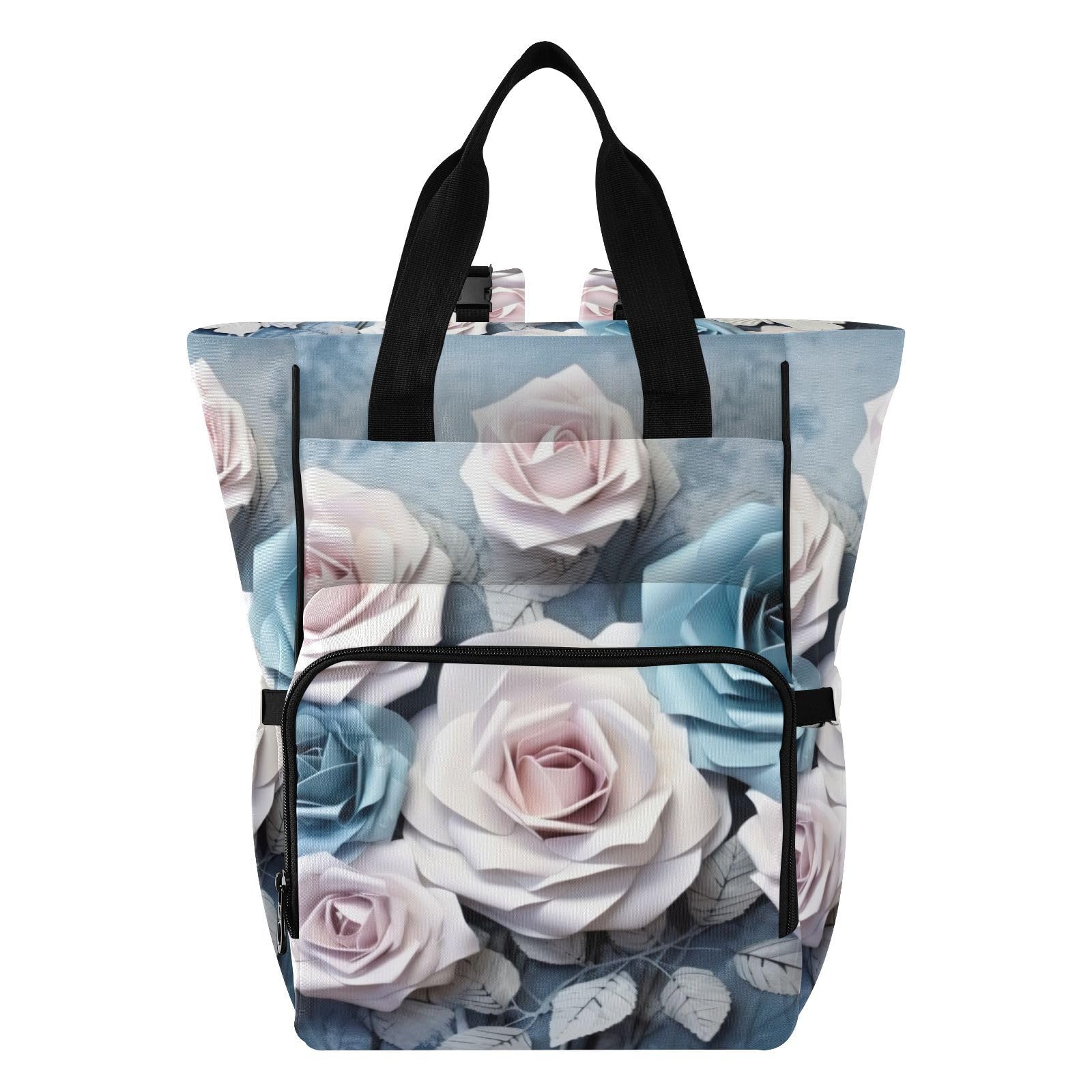 xigua Blue and White Roses Diaper Bag Backpack Multi Function Baby Changing Bags Waterproof Large Capacity Travel Back Pack for Mom Dad