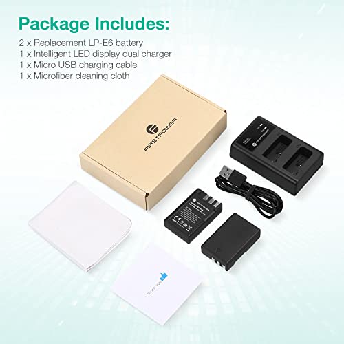 FirstPower LP-E6 LP-E6N Batteries and Dual USB Charger Compatible with Canon EOS 5D Mark II III IV, 5DS, 5DS R, 6D, 6D Mark II, 7D, 7D Mark II, 60D, 70D, 80D, 90D, R, R5, C700, XC10, XC15