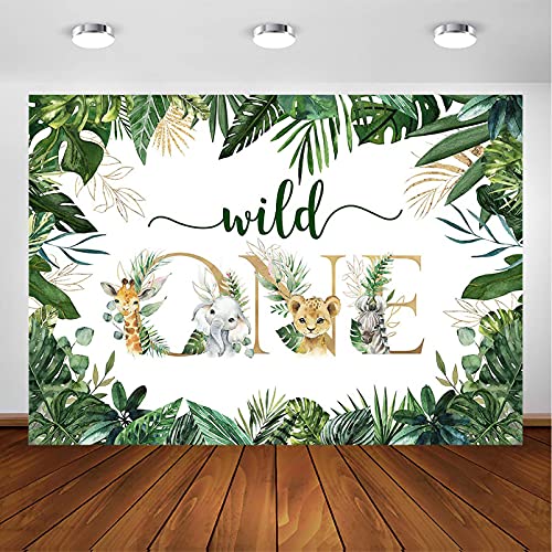 Avezano Safari Wild One Backdrop for Boy Jungle Animal First Birthday Party Photography Background Green Gold Wild One 1st Birthday Photoshoot Party Decorations Backdrop (7x5ft)