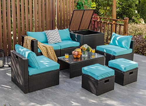 Tangkula 8 Piece Patio Furniture Set, Patiojoy Outdoor Space Saving PE Rattan Sectional Sofa Set for 6 with Waterpfoor Cover, for Garden, Deck, Poolside and Balcony (Turquoise)