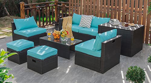 Tangkula 8 Piece Patio Furniture Set, Patiojoy Outdoor Space Saving PE Rattan Sectional Sofa Set for 6 with Waterpfoor Cover, for Garden, Deck, Poolside and Balcony (Turquoise)