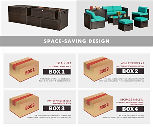 Tangkula 8 Piece Patio Furniture Set, Patiojoy Outdoor Space Saving PE Rattan Sectional Sofa Set for 6 with Waterpfoor Cover, for Garden, Deck, Poolside and Balcony (Turquoise)