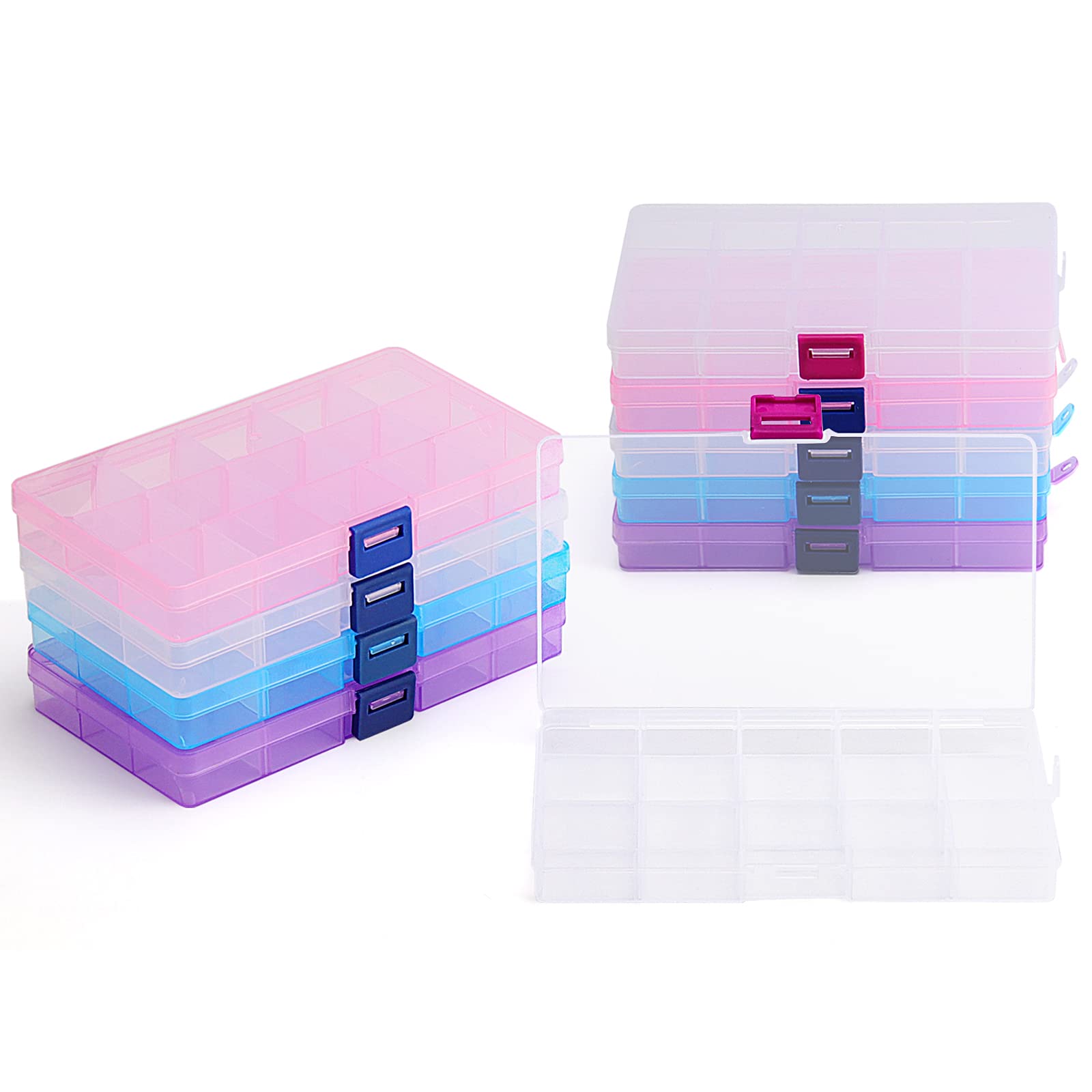 MANCHAP 10 Pack 15 Grids Multicolor Plastic Jewelry Organizer Box, Beads Storage Containers with Removable Dividers, Plastic Organizer Box for Beads, Art Crafts, 6.9 x 4 x 0.8 Inches