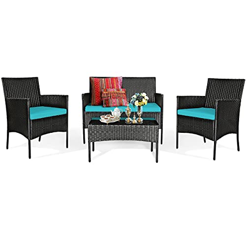DORTALA 4 Pieces Rattan Patio Furniture Set, Practical Conversation Set w/Tempered Glass Top Table, Outdoor Wicker Sofa Set w/Removable Cushions for Poolside, Backyard