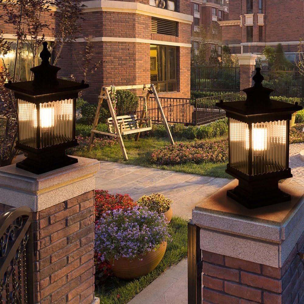 MODEBHD European Retro Outdoor Post Light, Die-cast Aluminum Villa Courtyard Patio Garden Lighting Fixture E27, Waterproof and Moisture-Proof IP65 Garden Gate LED Pillar Lamps, Square Post Lantern