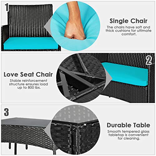 DORTALA 4 Pieces Rattan Patio Furniture Set, Practical Conversation Set w/Tempered Glass Top Table, Outdoor Wicker Sofa Set w/Removable Cushions for Poolside, Backyard