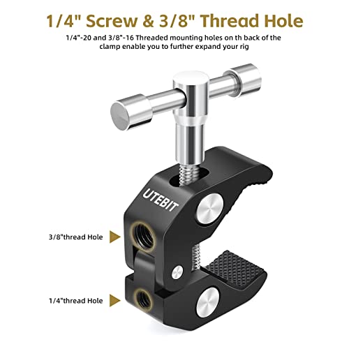 UTEBIT 7 inch Articulating Friction Arm with Large Super Crab Clamp and Hot Shoe Mount 1/4" Magic DSLR Tripod Arms Kit for Photography, Video, Camera Rig, LED Light, Flash Light, LCD Monitor