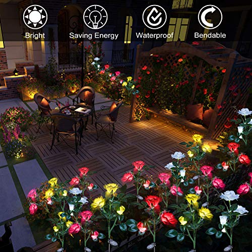 Solar Garden Stake Lights, Waterproof Solar Rose Lights Outdoor Decorative Rose Flowers LED Lights with 3 Roses for Garden Landscape Lawn Yard Courtyard Patio Backyard Decorations