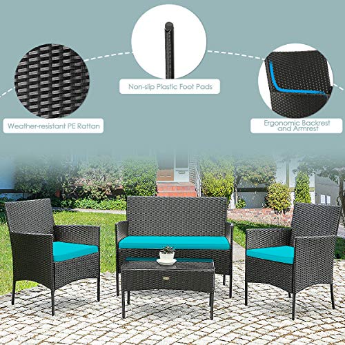 DORTALA 4 Pieces Rattan Patio Furniture Set, Practical Conversation Set w/Tempered Glass Top Table, Outdoor Wicker Sofa Set w/Removable Cushions for Poolside, Backyard
