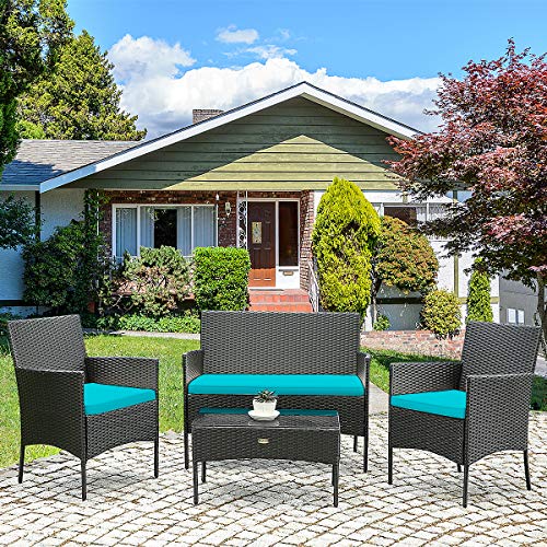 DORTALA 4 Pieces Rattan Patio Furniture Set, Practical Conversation Set w/Tempered Glass Top Table, Outdoor Wicker Sofa Set w/Removable Cushions for Poolside, Backyard