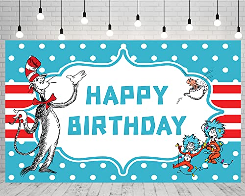 Blue Backdrop for Birthday Party Decorations Dr Seuss Background for Baby Shower Party Cake Table Decorations Supplies Cat in The Hat Theme Banner 5x3ft