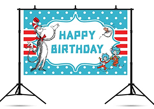 Blue Backdrop for Birthday Party Decorations Dr Seuss Background for Baby Shower Party Cake Table Decorations Supplies Cat in The Hat Theme Banner 5x3ft