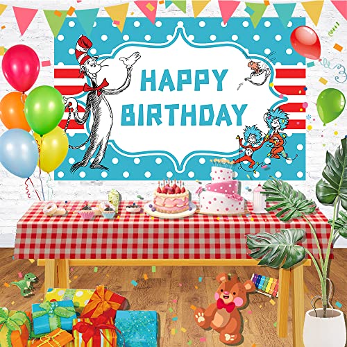 Blue Backdrop for Birthday Party Decorations Dr Seuss Background for Baby Shower Party Cake Table Decorations Supplies Cat in The Hat Theme Banner 5x3ft