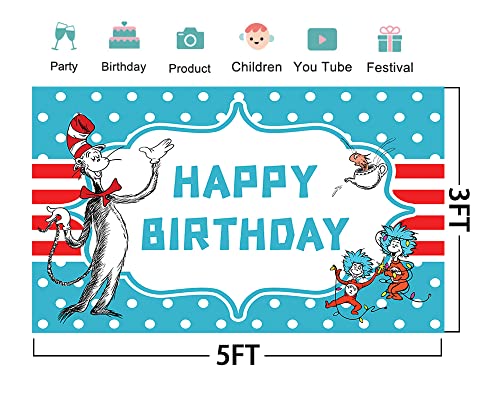 Blue Backdrop for Birthday Party Decorations Dr Seuss Background for Baby Shower Party Cake Table Decorations Supplies Cat in The Hat Theme Banner 5x3ft