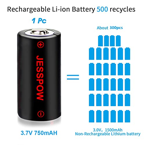 JESSPOW CR123A Rechargeable Batteries 16 Pack with Charger, Rechargeable Lithium Batteries [ 750mAh 3.7V ] for Arlo Cameras (VMC3030/VMK3200/VMS3330/3430/3530), Flashlight