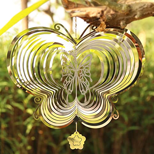 JJWANTA Large Size Hanging Wind Spinner Outdoor Decor for 3D Garden Wind Chimes Metal Yard Spinners 3D Stainless Steel Spinner Gifts Butterfly 3D Spinner with Extra Heavy Crystal 360°Rotating Hook