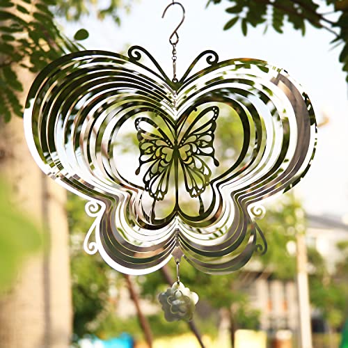 JJWANTA Large Size Hanging Wind Spinner Outdoor Decor for 3D Garden Wind Chimes Metal Yard Spinners 3D Stainless Steel Spinner Gifts Butterfly 3D Spinner with Extra Heavy Crystal 360°Rotating Hook