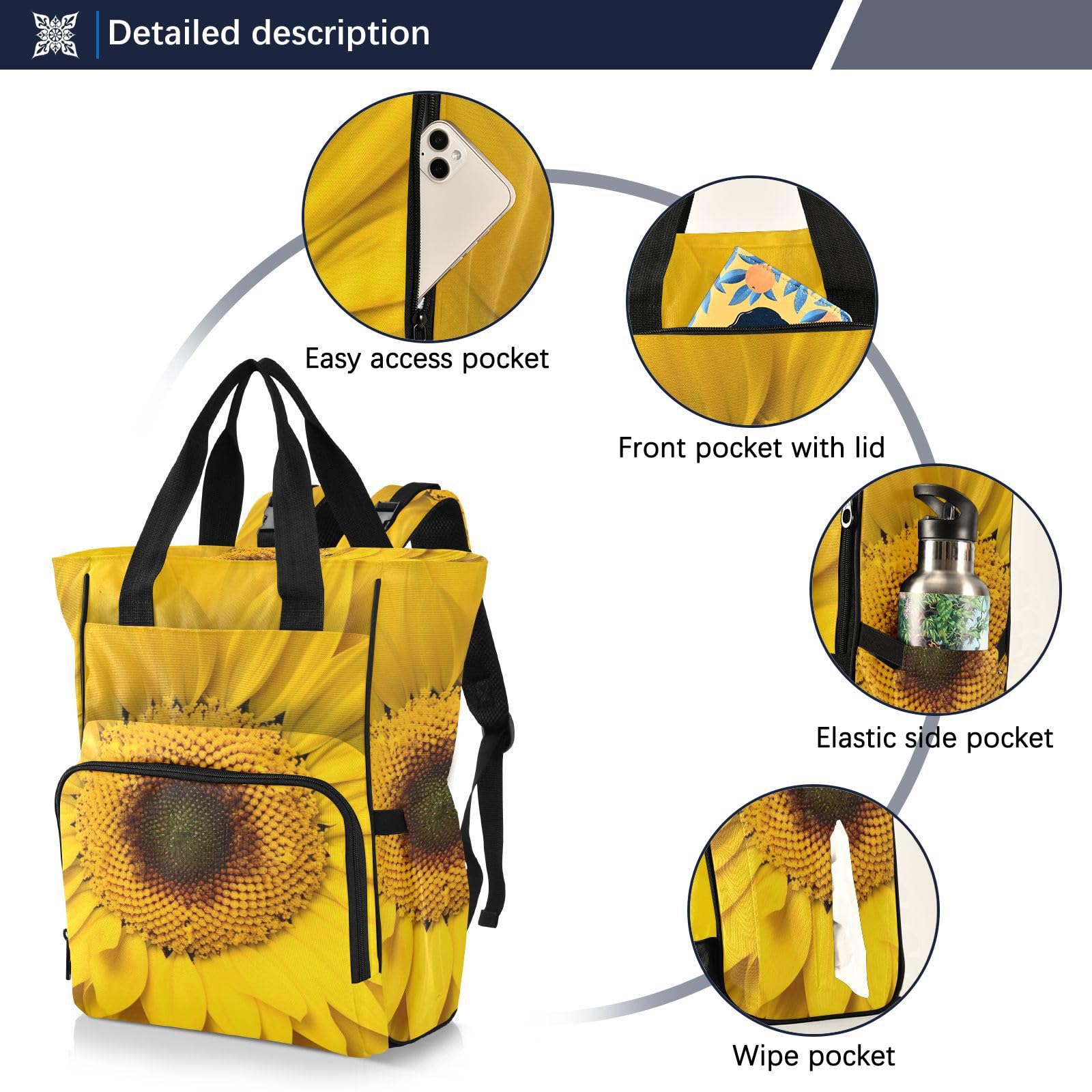 xigua Yellow Sunflower Diaper Bag Backpack Multi Function Baby Changing Bags Waterproof Large Capacity Travel Back Pack for Mom Dad