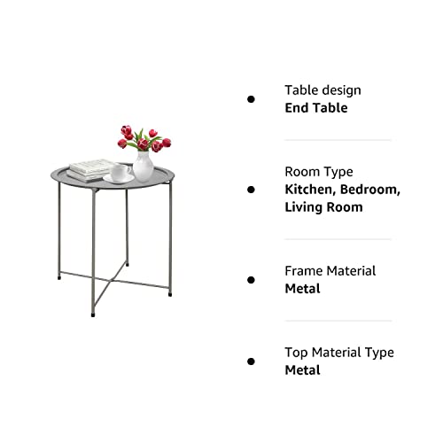 Garden 4 you Folding Tray Metal Side Table Grey Round End Table Cyan Sofa Small Accent Fold-able Table, Round End Table Tray, Next to Sofa Table, Snack Table for Living Room and Bed Room