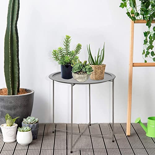 Garden 4 you Folding Tray Metal Side Table Grey Round End Table Cyan Sofa Small Accent Fold-able Table, Round End Table Tray, Next to Sofa Table, Snack Table for Living Room and Bed Room