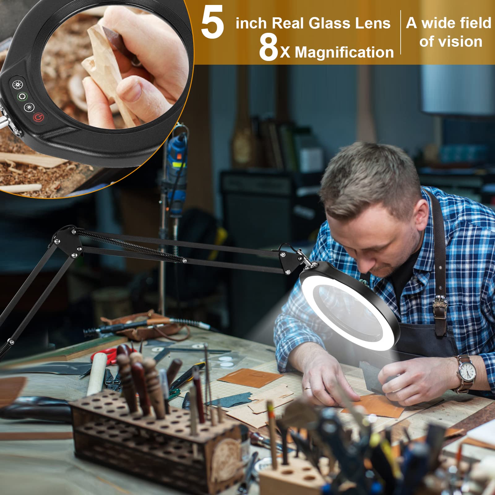 Veemagni 5 Inch Large Magnifying Glass with Light and Stand, 5 Color Modes Stepless Dimmable, 2*16 Inch Swivel Arm LED Clamp Desk Lamp, Hands Free 5X Lighted Magnifier for Close Work Crafts Soldering