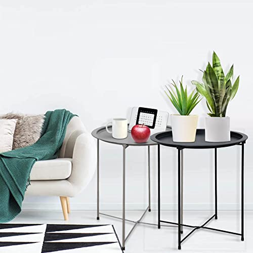 Garden 4 you Folding Tray Metal Side Table Grey Round End Table Cyan Sofa Small Accent Fold-able Table, Round End Table Tray, Next to Sofa Table, Snack Table for Living Room and Bed Room