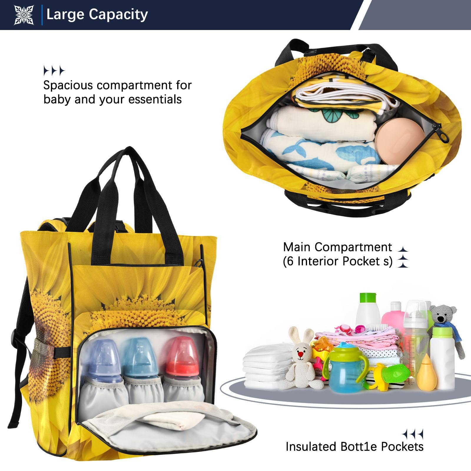 xigua Yellow Sunflower Diaper Bag Backpack Multi Function Baby Changing Bags Waterproof Large Capacity Travel Back Pack for Mom Dad