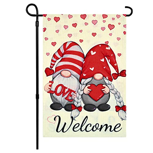 Valentines Day Garden Flag Double Sided, Love Gnomes Valentine’s Day Garden Flag Yard Flag for Outdoor Decoration 12x18 Inch